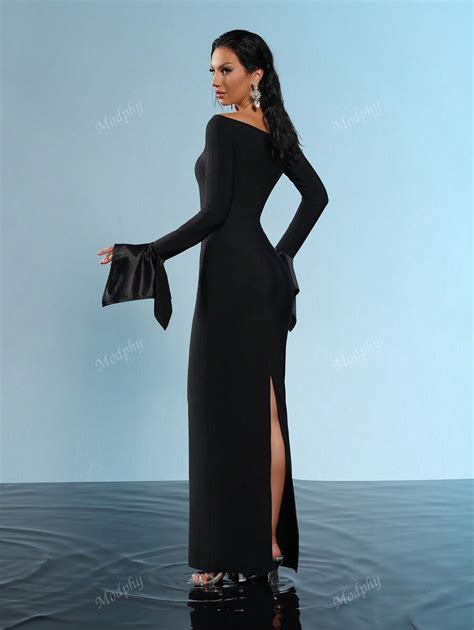 Modphy Black Trumpet Long Sleeved Sexy Off Shoulder Tight Long Bandage