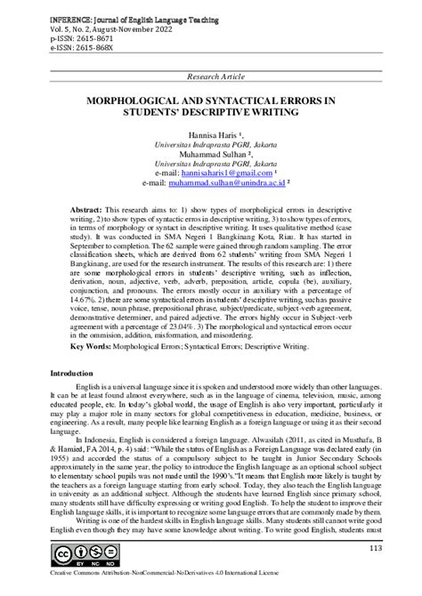 Pdf Morphological And Syntactical Errors In Students Descriptive Writing