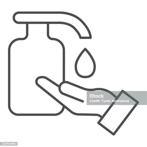 손 및 액체 비누 얇은 라인 아이콘입니다 항균 젤 기호를 사용하여 손을 청소 흰색 배경에 윤곽 스타일 그림 개인 위생 소독 기호 모바일 개념 및 웹 디자인 벡터에 대한 스톡