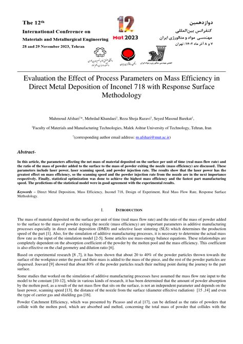 Pdf Evaluation Of The Effect Of Process Parameters On Mass Efficiency In Direct Metal