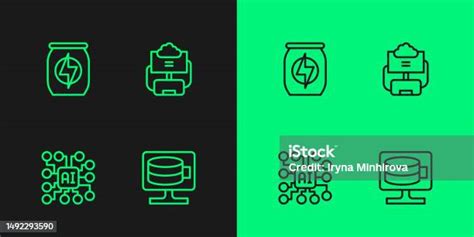 Set Line Cloud Database Neural Network Energy Drink And Icon Vector