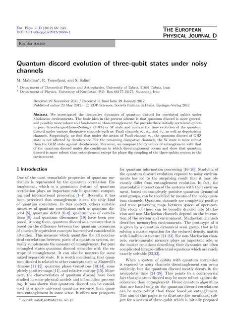 Pdf Quantum Discord Evolution Of Three Qubit States Under Noisy