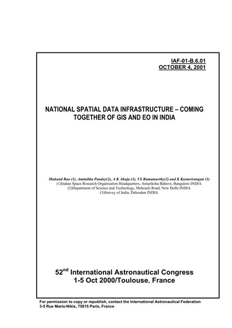 Pdf National Spatial Data Infrastructure Coming Together Of Gis And Eo In India