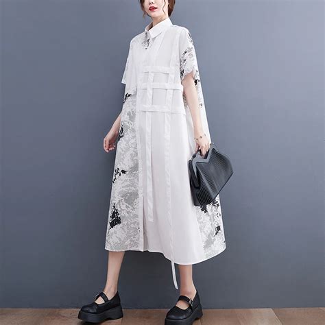 독특한 디자인 의류 스트랩 장식 프린트 셔츠 드레스 여성용 세련된 반팔 캐주얼 미디 드레스 여름 Aliexpress