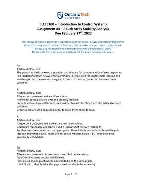2023 02 17 Assignment 3 Rubric Elee3100 Introduction To Control Systems Assignment 3