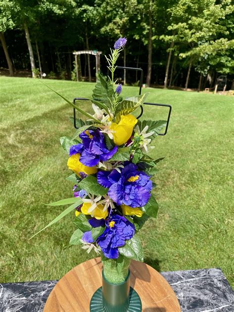 Yellow And Blue Silk Flower Cemetery Cross Memorial Arrangement Etsy