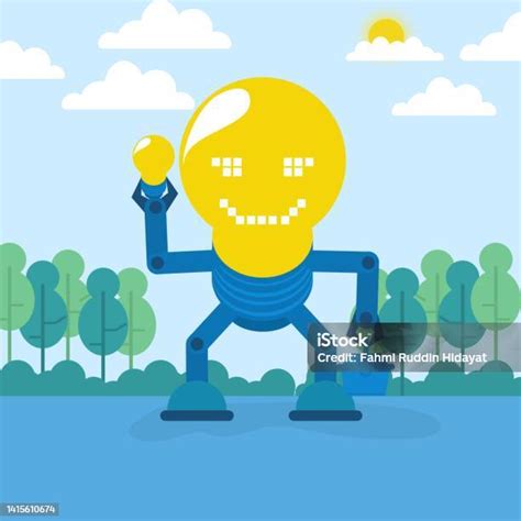 오른손 홀딩 전구와 왼손 홀딩 도구 상자 플랫 벡터 일러스트 레이 션이있는 로봇 개념 개념에 대한 스톡 벡터 아트 및 기타