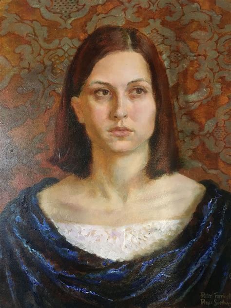 An Oil Painting Of A Woman Wearing A Blue Dress And Black Shawl On A