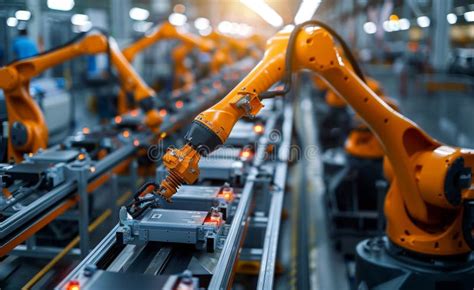 Industrial Robotic Arms Working On Automotive Assembly Line In Modern Factory Stock Image