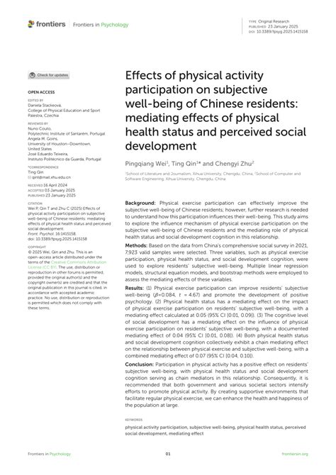 Pdf Effects Of Physical Activity Participation On Subjective Well Being Of Chinese Residents