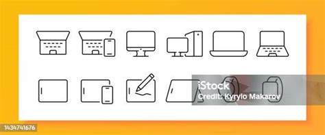 장치 설정 아이콘입니다 노트북 전화 태블릿 스타일러스 컴퓨터 디스플레이 데스크탑 개인 Pc 스마트 팔찌 스탠드 시계 전자 책 기술 개념 비즈니스용 벡터 줄 아이콘 감시에