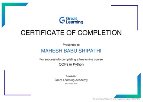 Mahesh Babu Sripathi On Linkedin Greatlearningacademy Greatlearning Glacertificate Oops Python