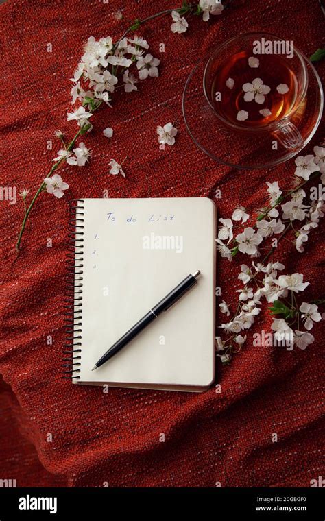 Spring Flat Lay Top View Home Office Workspace Notebook With Tea Cup