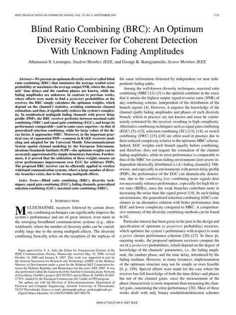 Pdf Blind Ratio Combining Brc An Optimum Diversity Receiver For Coherent Detection With