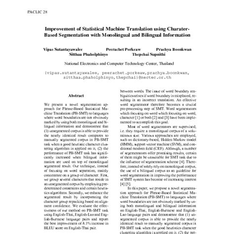 Improvement Of Statistical Machine Translation Using Charater Based Segmentationwith Monolingual