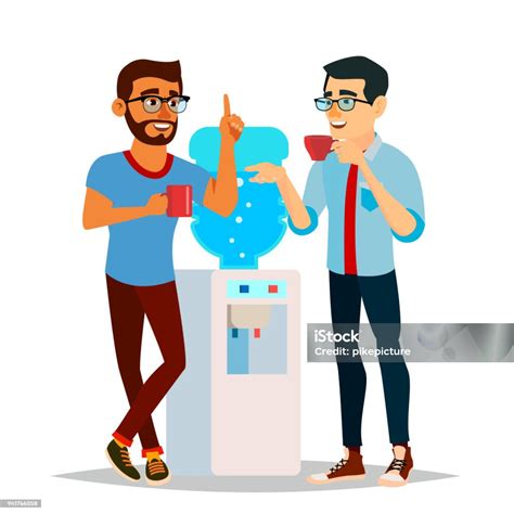 워터 쿨러가 십 벡터입니다 현대 오피스 물탱크 친구 사무실 동료 남자 서로 얘기를 웃 고 있다 통신 남성입니다 플랫 만화 캐릭터 일러스트를 절연 토론에 대한 스톡 벡터 아트