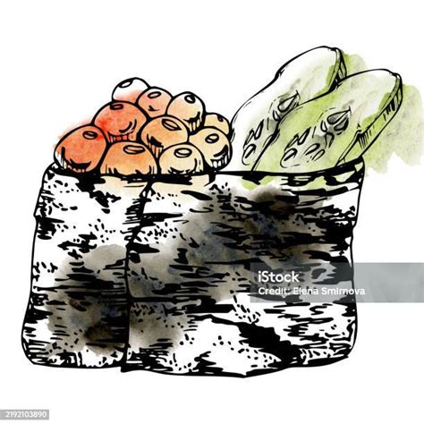 전통 일본 음식 군칸 스시 해초 김 생선 연어알 캐비어 오이 조각을 곁들인 김 랩 수채화로 그린 그림 레스토랑용 잉크 카페 메뉴 주방 레시피 북 0명에 대한 스톡 벡터 아트