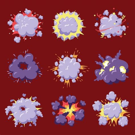 폭탄 폭발 구름 ⁇ 터 아이콘 만화 ⁇ 효과와 Ui 게임 디자인을 위한 연기 요소 프리미엄 벡터