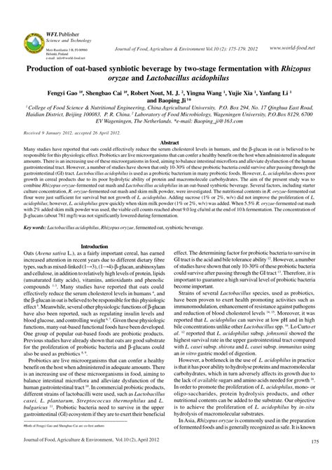 Pdf Production Of Oat Based Synbiotic Beverage By Two Stage Fermentation With Rhizopus Oryzae