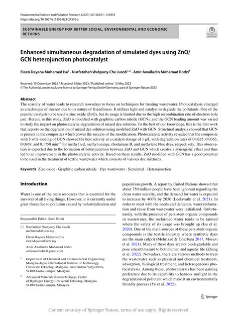 Enhanced Simultaneous Degradation Of Simulated Dyes Using Zno Gcn Heterojunction Photocatalyst