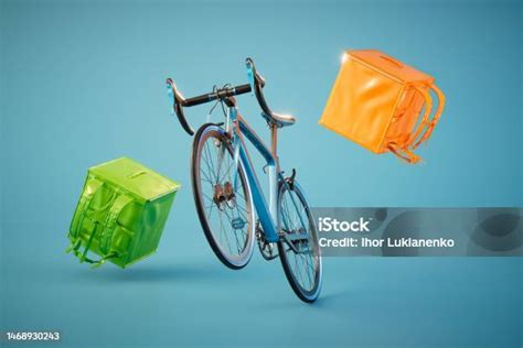 음식 배달의 개념 청록색 배경에 음식을 위한 자전거 및 택배 가방 3d 렌더링 가방에 대한 스톡 사진 및 기타 이미지 가방 깨끗한 나름 Istock