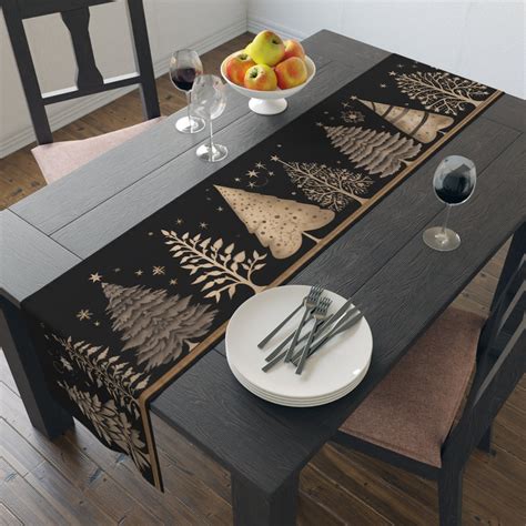 Starry Forest Christmas Table Runner Gold Accent Holiday Table Linen