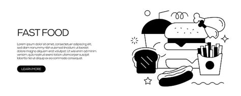 패스트 푸드 및 길거리 음식 관련 웹 배너 라인 스타일 웹 배너 웹 사이트 헤더 등에 대한 현대 선형 디자인 벡터 일러스트레이션 샌드위치 음식에 대한 스톡 벡터 아트 및