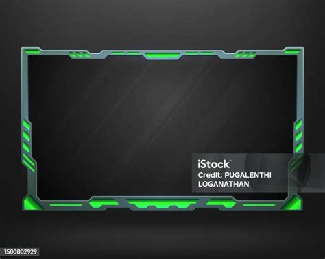 추상적인 라이브 스트림 웹캠 오버레이 금속 프레임은 검은색 배경에 네온 그린 테두리 스크린 패널을 가지고 있다 게이머에 대한