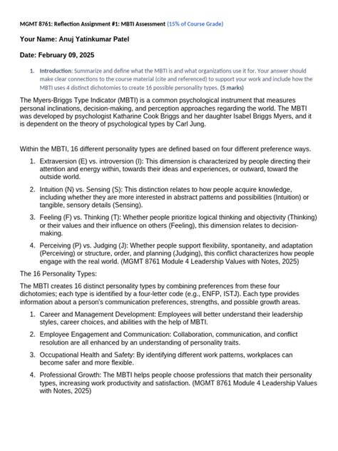 Mgmt 8761 Reflection Assignment 1 W25 Pdf Leadership Personality Type