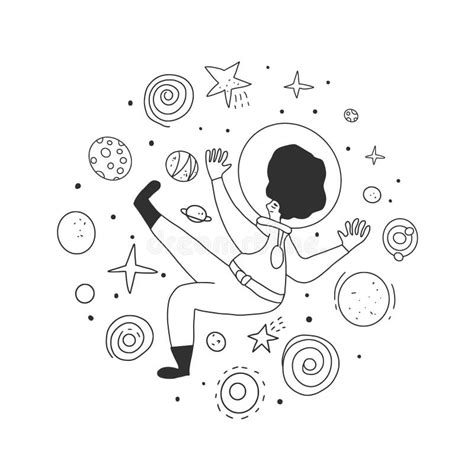 Cosmonaut Floating In Outer Space Flat Concept Icon Female Astronaut In Spacesuit Exploring