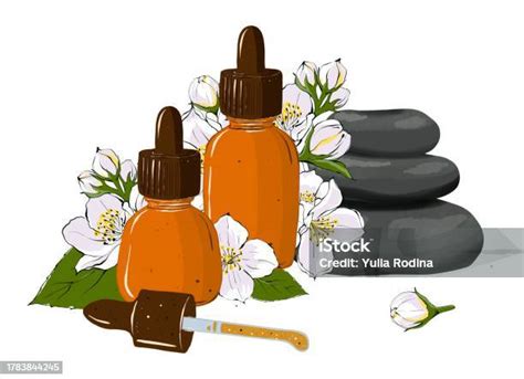 아로마 오일 마사지 스톤 및 재스민 꽃이 담긴 유리병 손으로 그린 그림 흰색 배경에 고립 된 결정체에 대한 스톡 벡터 아트 및