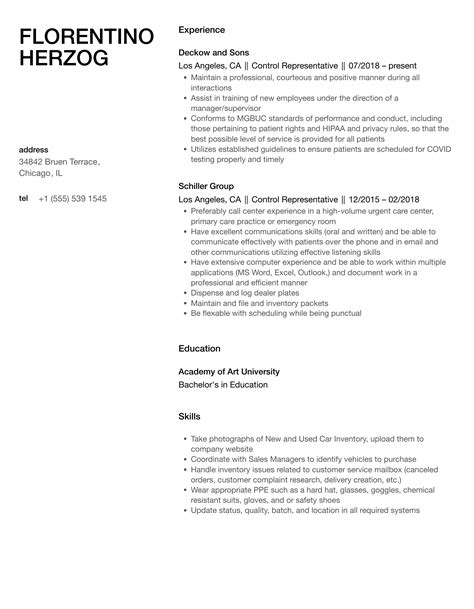 Control Representative Resume Samples Velvet Jobs