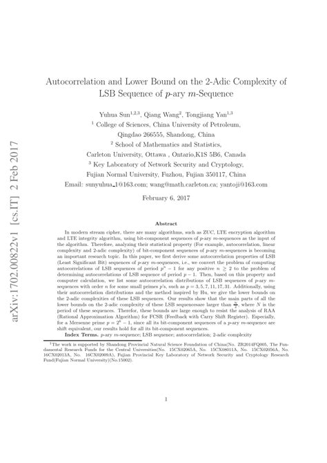 Pdf Autocorrelation And Lower Bound On The 2 Adic Complexity Of Lsb Sequence Of P Ary M Sequence