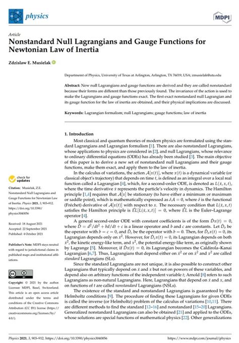 Physics Mdpi On Linkedin Lagrangian Newtonian Lawofinertia Physics Openaccess Abstract