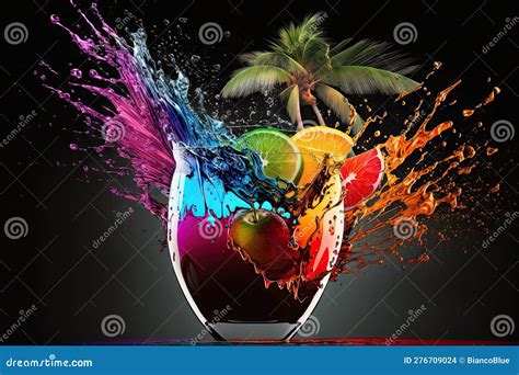 Exploding Glass With Liquid Colored Tropical Cocktail Stock