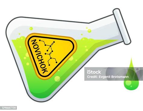 화학 유리 플라스크에 독액 방울이 떨어집니다 노비촉이 표시된 옐로우 라벨 신경 작용제 및 이진 화학 무기 만화 일러스트레이션 개체 그룹에 대한 스톡 벡터 아트 및 기타