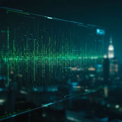 Green Digital Binary Code Streams Across A Dark Backdrop Depicting A City Skyline The Stock