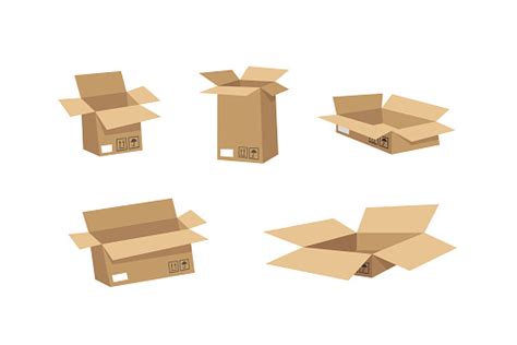 판지 오픈 및 폐쇄 재활용 상자 세트 만화 스타일 일러스트 배달 포장 플랫 그래픽 디자인 전달 클립 아트 흰색 배경에서 격리된 벡터 컬렉션 모형 3차원 형태에 대한 스톡