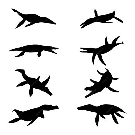 Pliosaurus Silhouette Set Collection Isolated Black On White Background