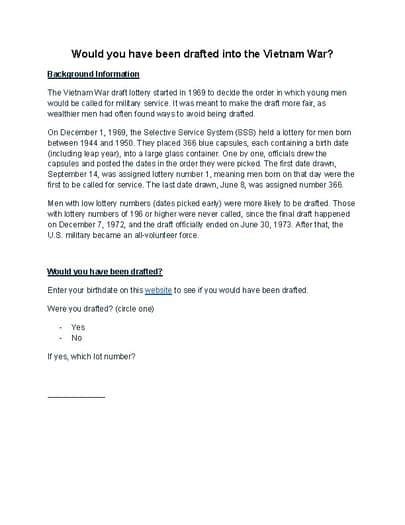 Would You Have Been Drafted Vietnam War Draft Simulation Worksheet Free