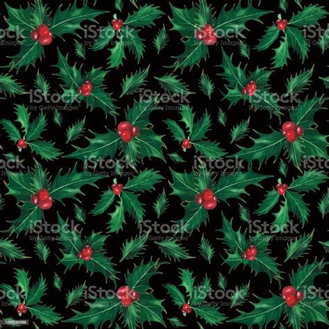 크리스마스 홀리 베리 완벽 한 패턴은 검은 배경에 고립 되어 있습니다 수채화 손으로 그린 그림입니다 디자인을 위한 예술 12월에 대한 스톡 벡터 아트 및 기타 이미지