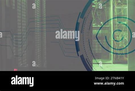 Animation Of Eye Retina Round Scanner And Microprocessor Connections Over Computer Server Room