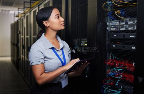 Server Room Tablet And Engineer Woman With Connection Cable For Maintenance Or Software Update
