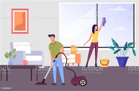 두 사람이 남자와 여자 문자 거실 아파트 청소 함께 집 작업 개념입니다 벡터 평면 그래픽 디자인 만화 일러스트 레이 션 청소하기에 대한 스톡 벡터 아트 및 기타 이미지