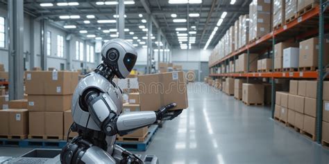 Smart Warehouse Robot Sorting Packages In Fully Automated Distribution Center A Robot Is