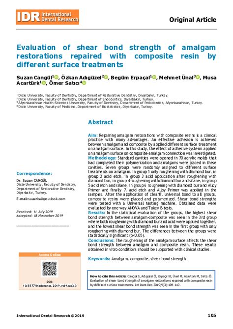 Pdf Evaluation Of Shear Bond Strength Of Amalgam Restorations Repaired With Composite Resin By