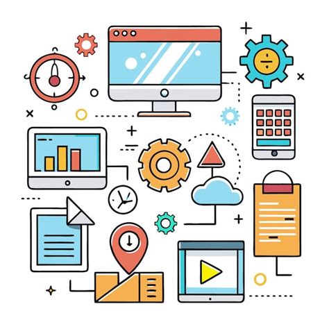 A Colorful Illustration Of A Web Design Process With Icons Representing Computer Mobile Phone