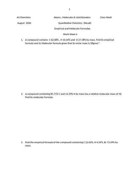 As Chemistry Class Work Empirical Formula Stoichiometry Worksheet 4 Pdf