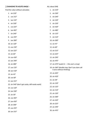 Exact Trig Values Special Angles Teaching Resources
