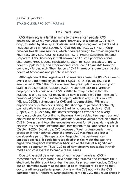Cvs Public Issue Cvs Public Issue Name Quyen Tran Stakeholder Project Part Cvs Health